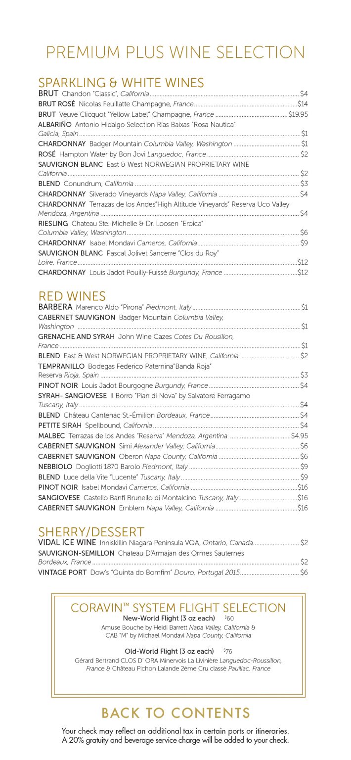 Norwegian Cruise Line Drink Menus and Pricing - Cruise Spotlight