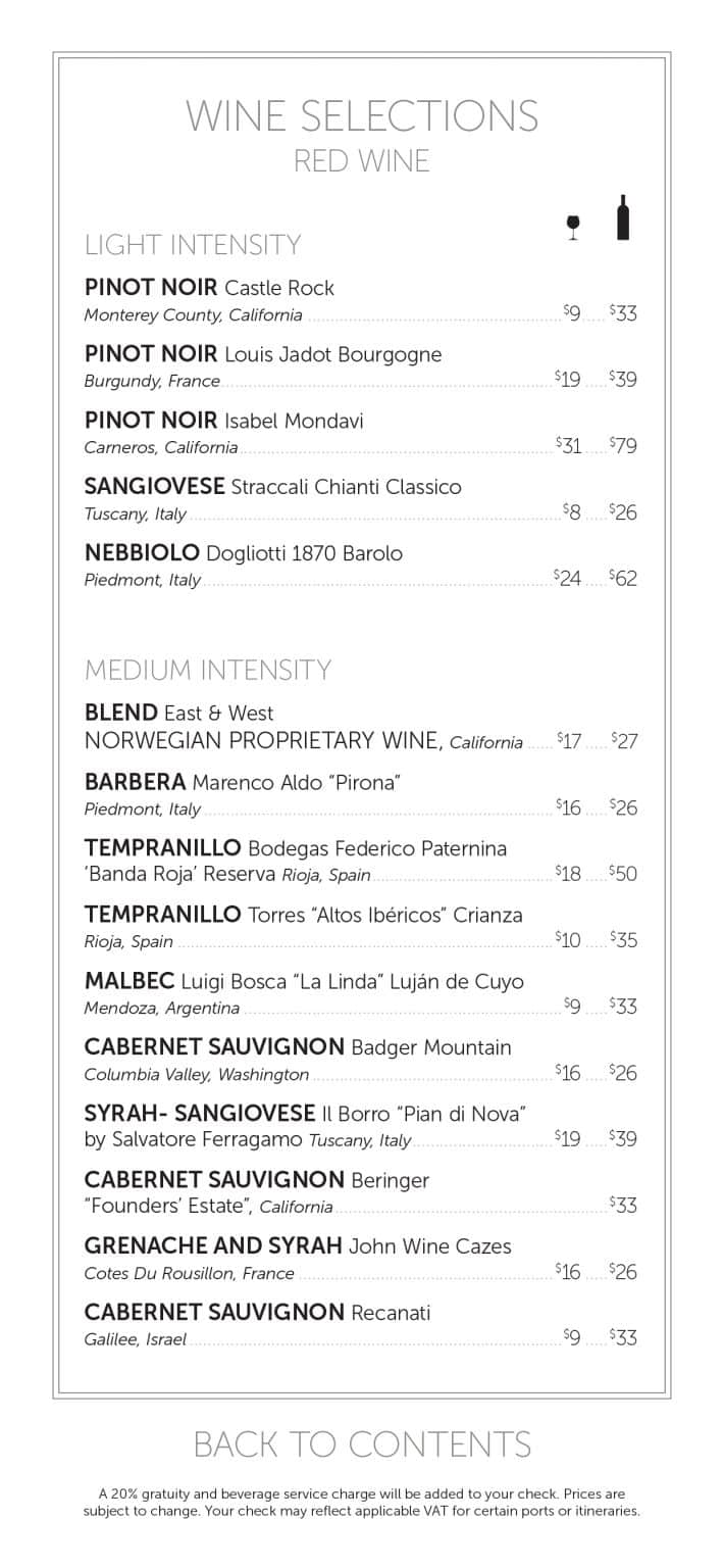 Norwegian Cruise Line Drink Menus and Pricing - Cruise Spotlight