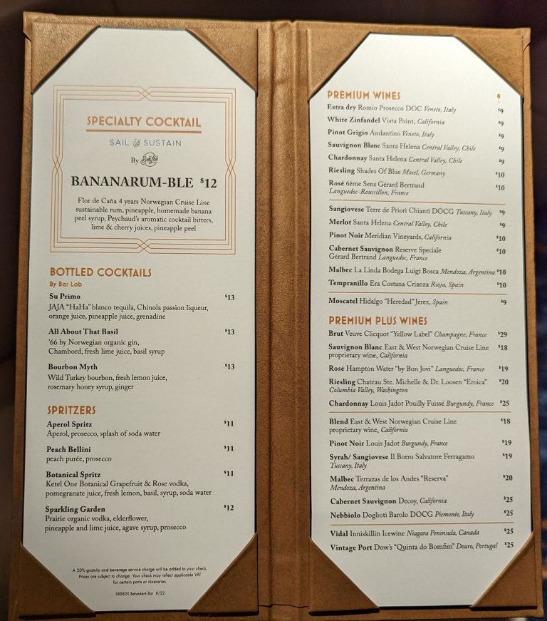 Norwegian Prima Bar Menus - Cruise Spotlight
