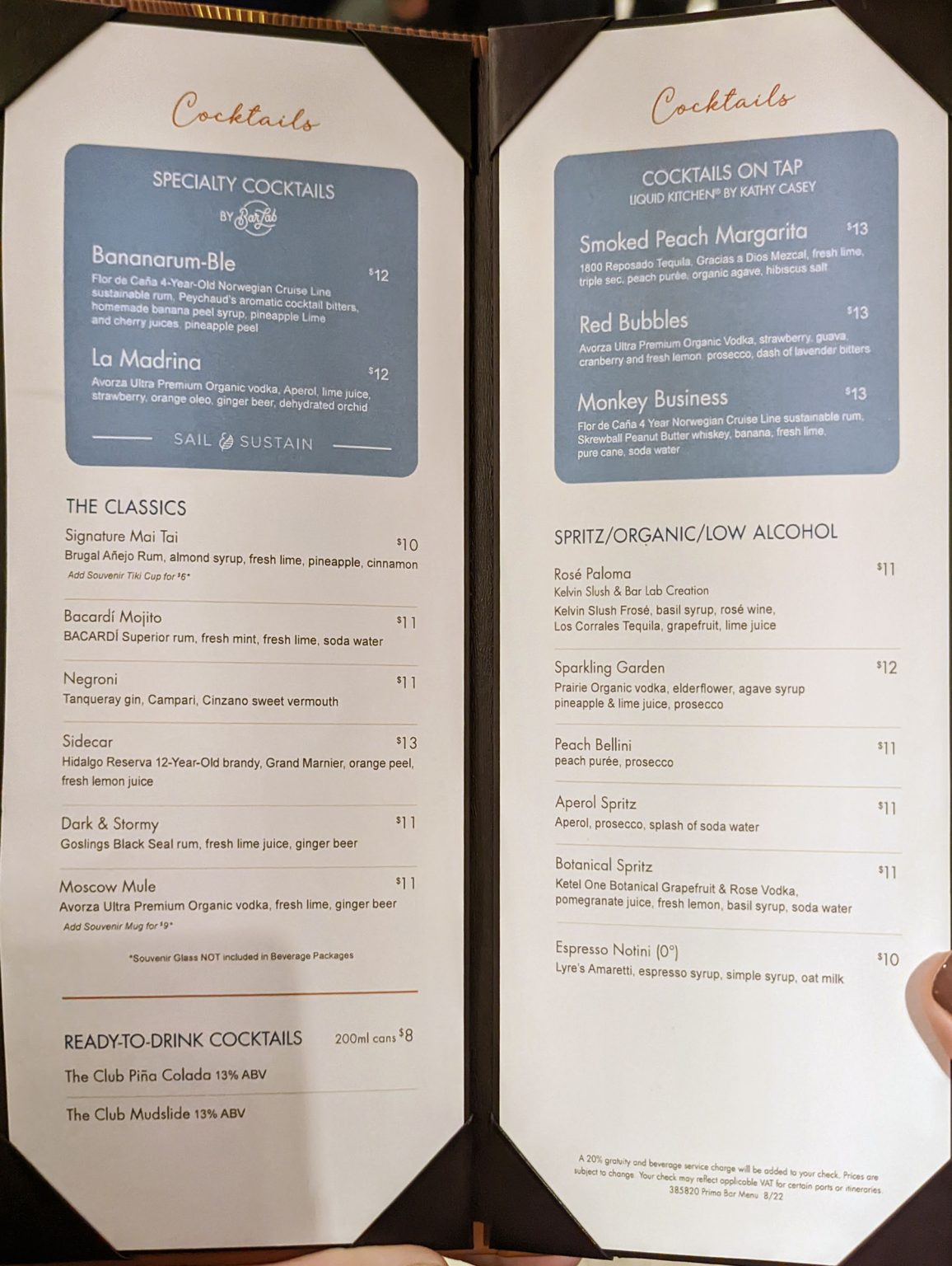 Norwegian Prima Bar Menus - Cruise Spotlight