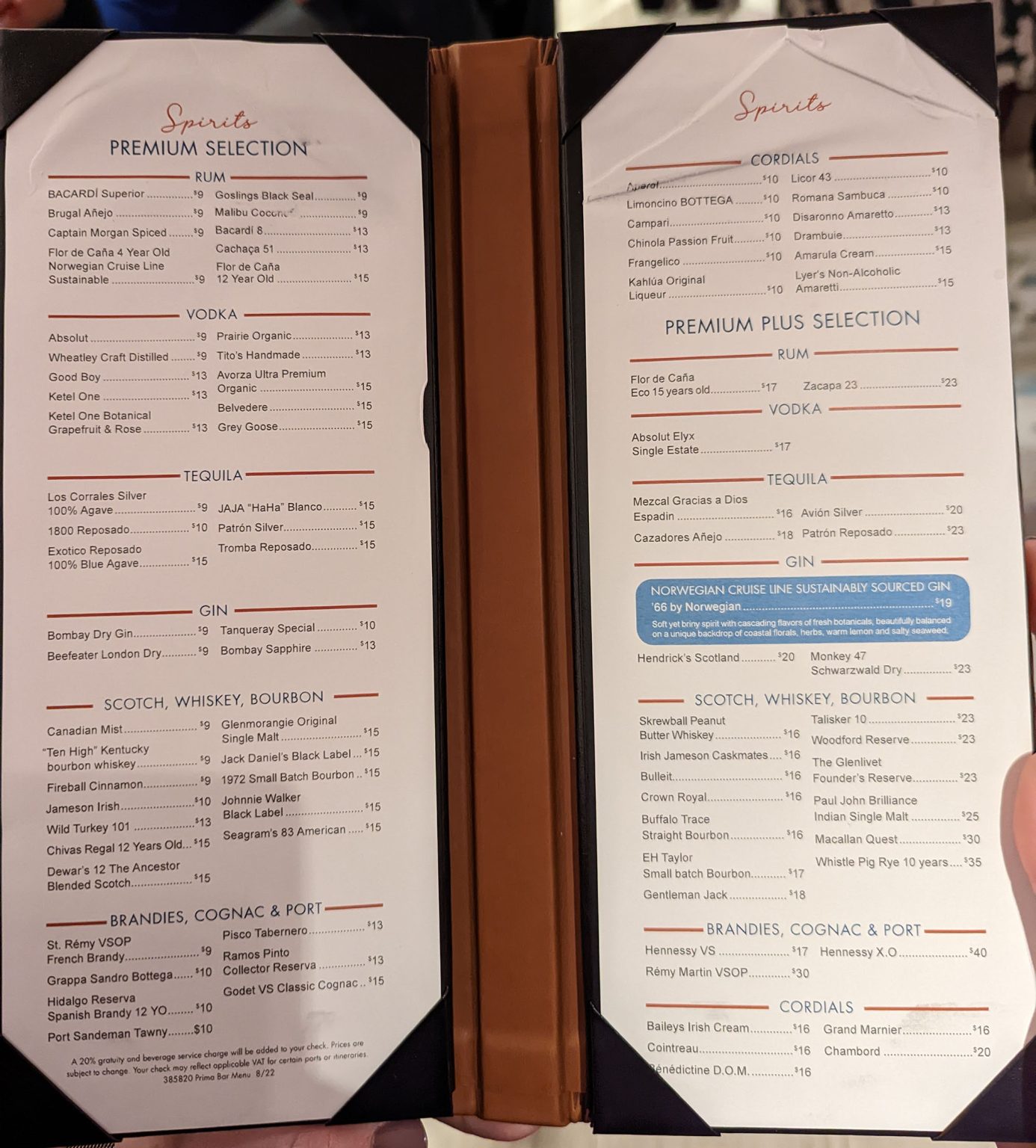 Norwegian Prima Bar Menus - Cruise Spotlight