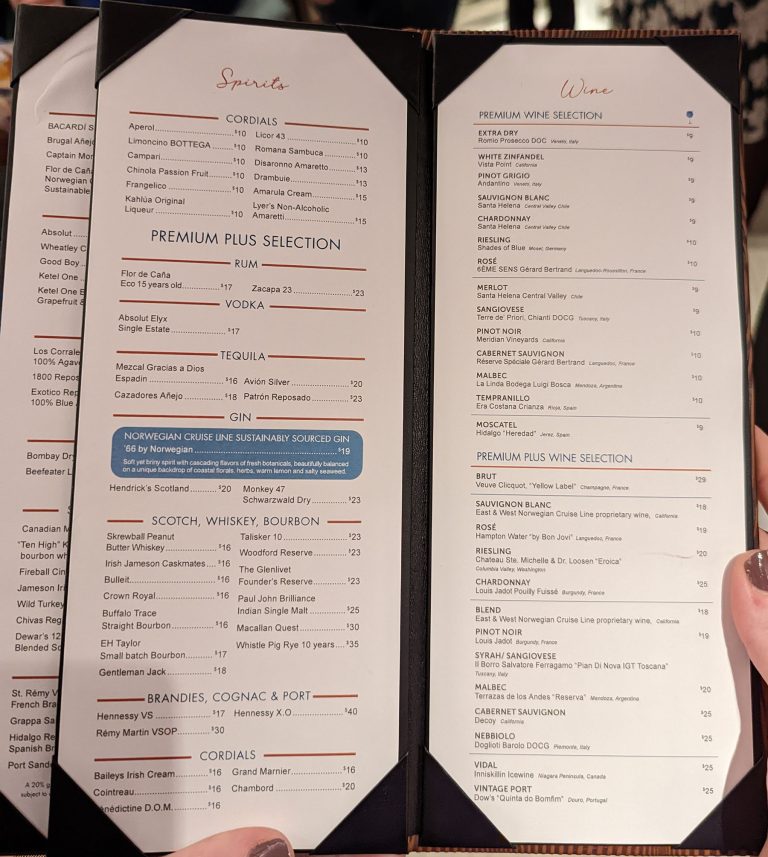 Norwegian Prima Bar Menus - Cruise Spotlight
