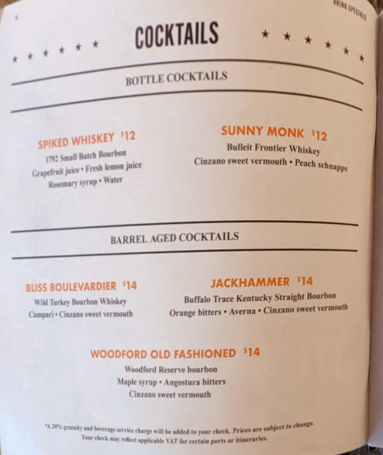 Norwegian Prima Bar Menus - Cruise Spotlight