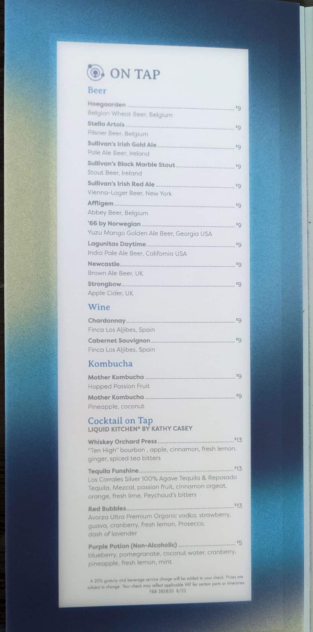 Norwegian Prima Bars (With Menus and Prices) - Cruise Spotlight