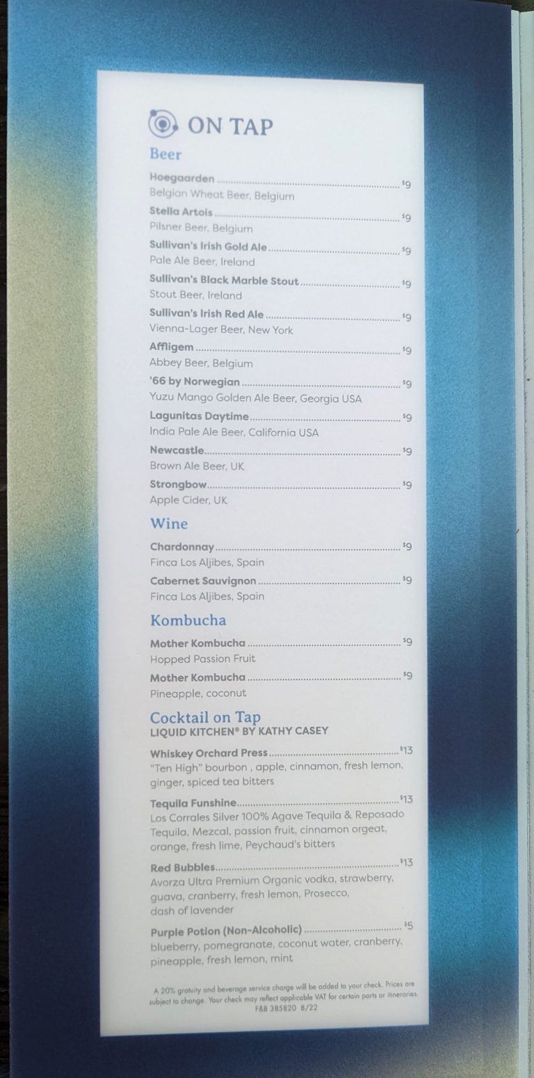 Norwegian Prima Bar Menus - Cruise Spotlight