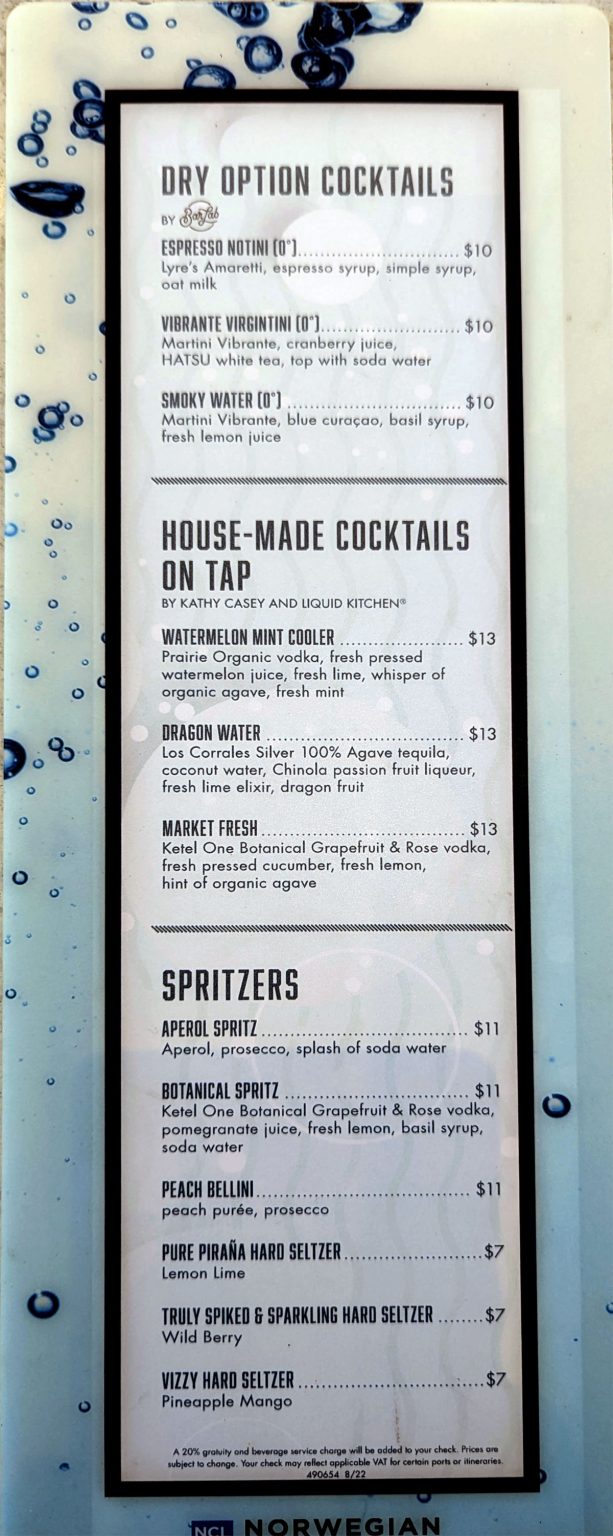 Norwegian Breakaway Bars (With Menus and Prices) - Cruise Spotlight