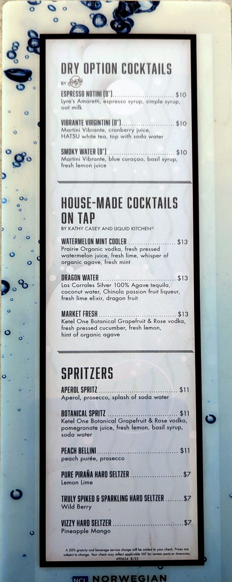 Norwegian Prima Bar Menus - Cruise Spotlight
