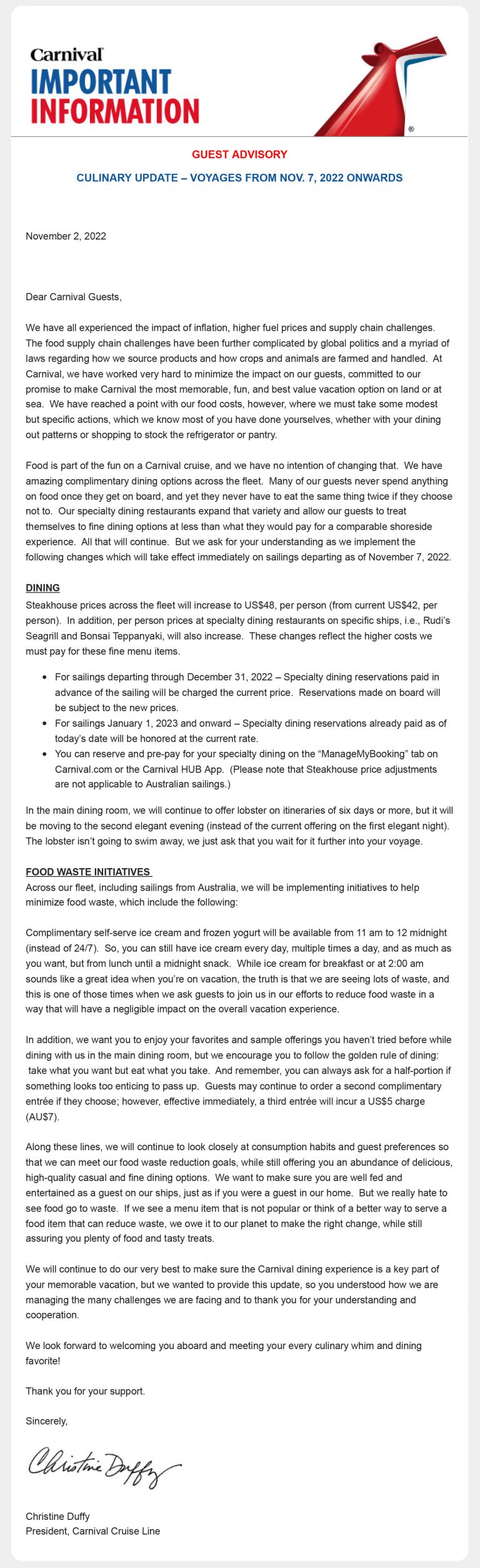 Carnival Increasing Food Prices and Changing Policies - Cruise Spotlight