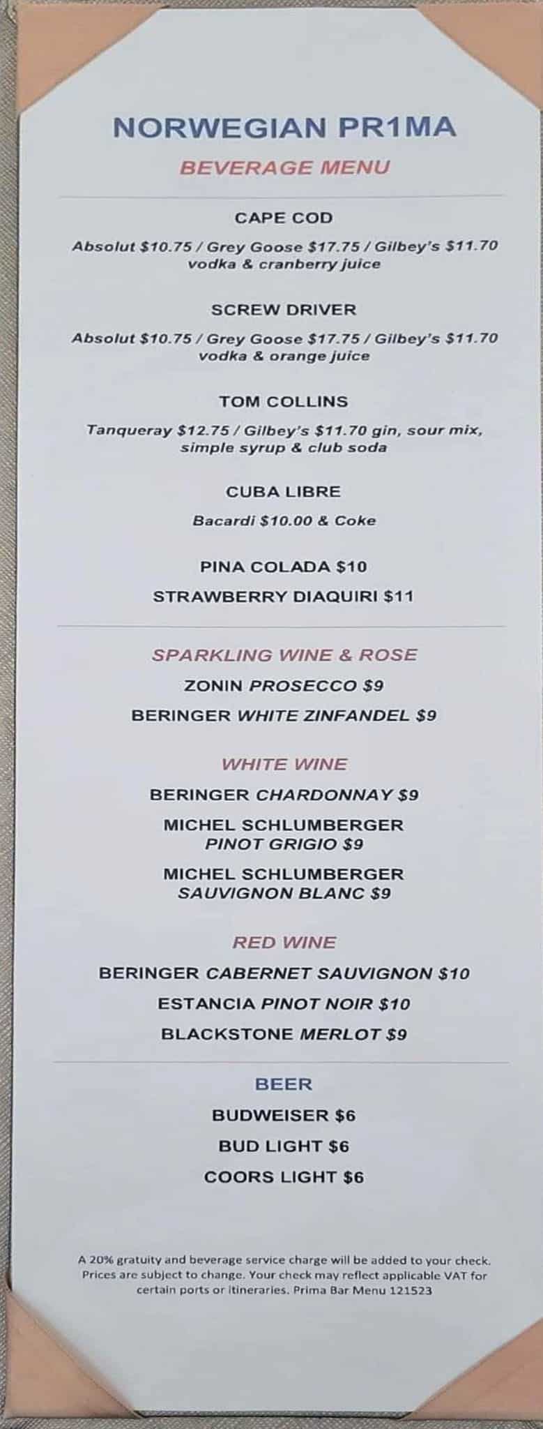 Norwegian Cruise Line Drink Menus and Pricing - Cruise Spotlight