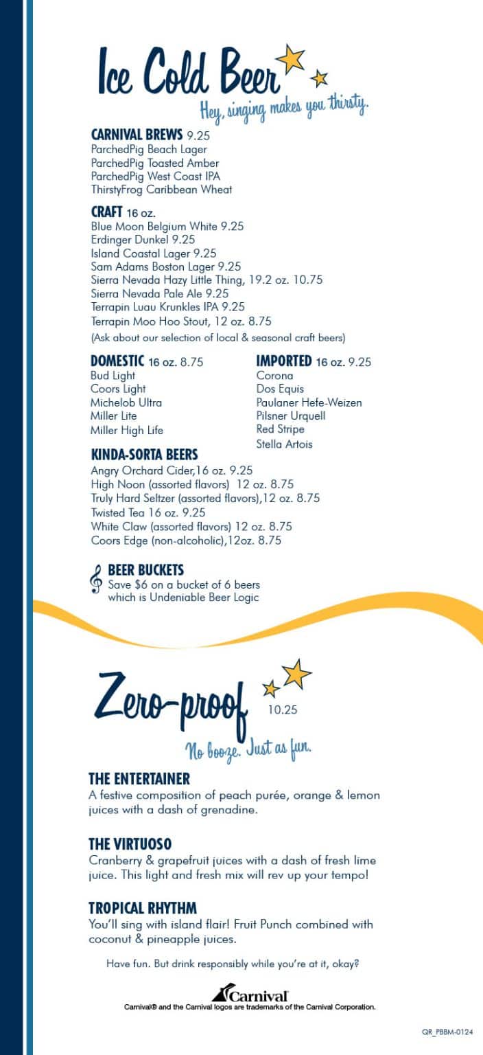 Carnival Sunshine Bars (With Menus and Prices) - Cruise Spotlight