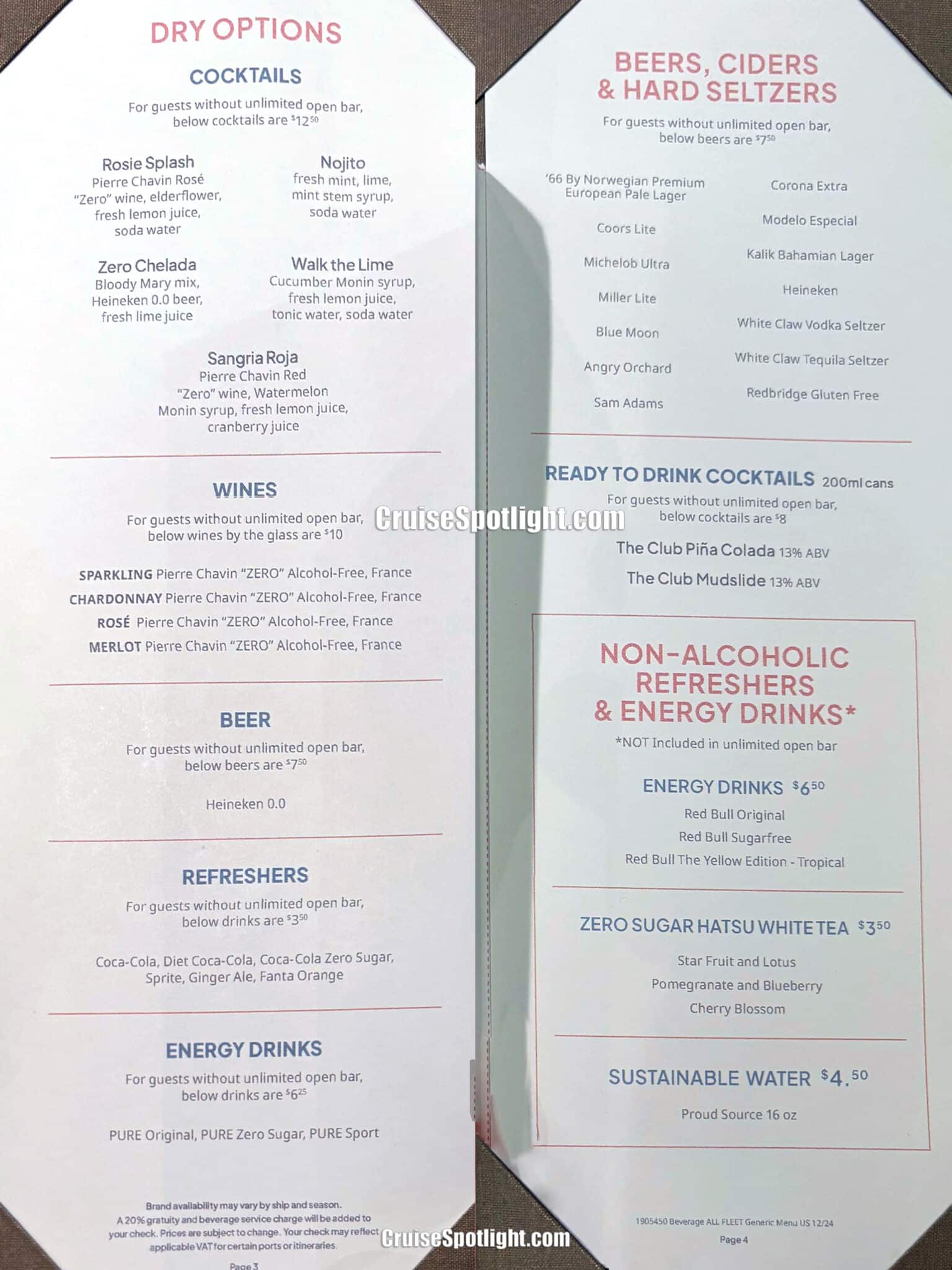 Norwegian Cruise Line Drink Menus and Pricing - Cruise Spotlight