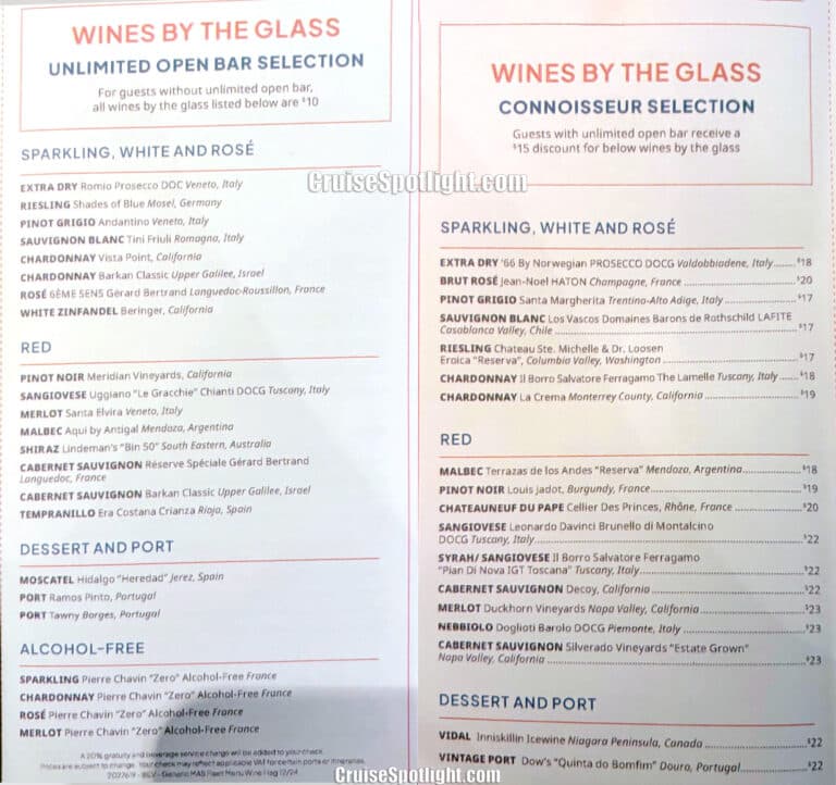Norwegian Cruise Line Drink Menus and Pricing - Cruise Spotlight