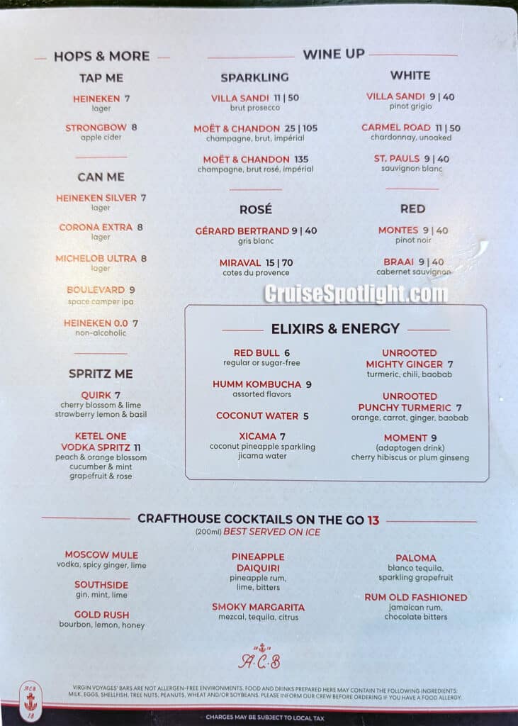 Virgin Voyages Scarlet Lady Bars (With Menus and Prices) - Cruise Spotlight
