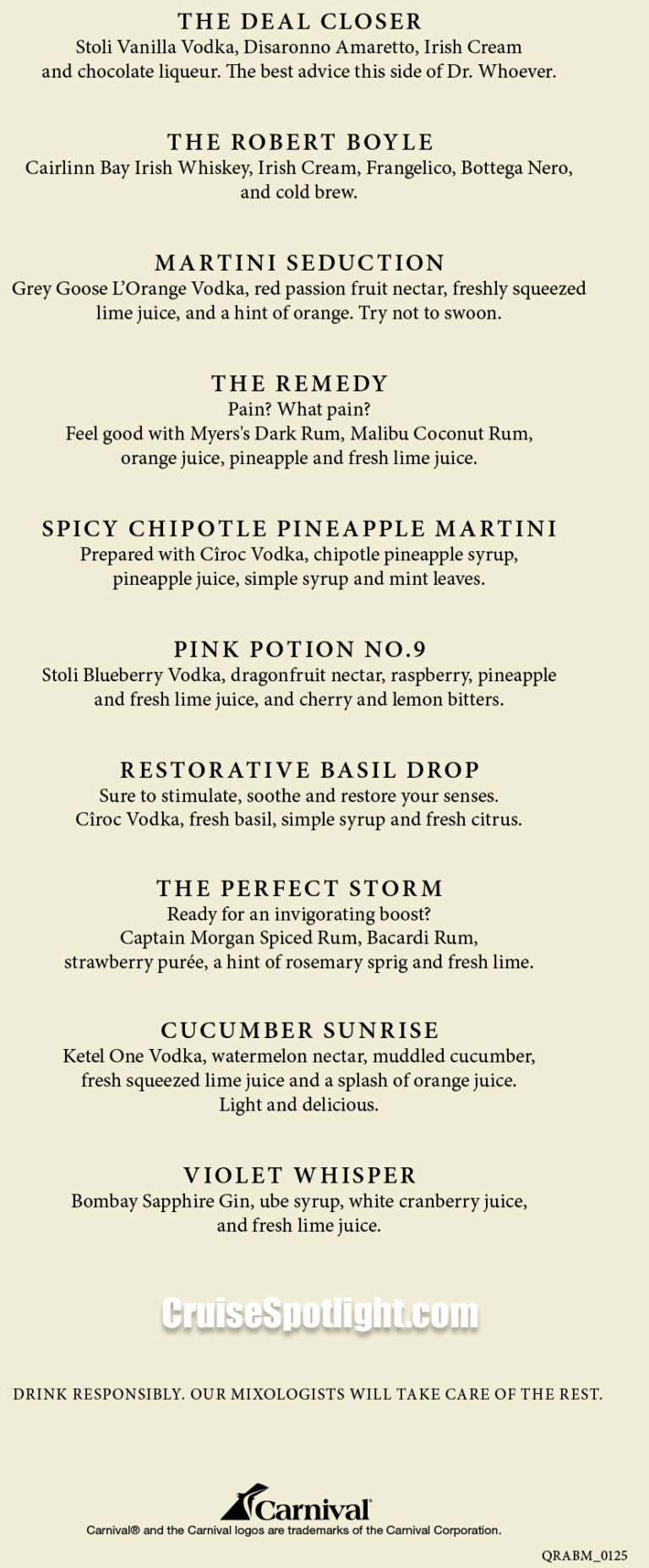 Carnival Glory Bars (With Menus and Prices) - Cruise Spotlight