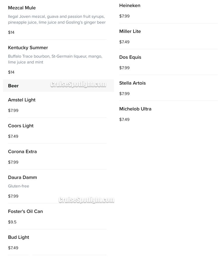 Royal Caribbean Allure of the Seas Bars (With Menus and Prices ...