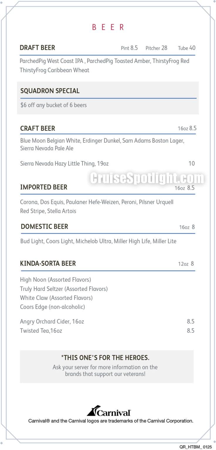 Carnival Glory Bars (With Menus and Prices) - Cruise Spotlight