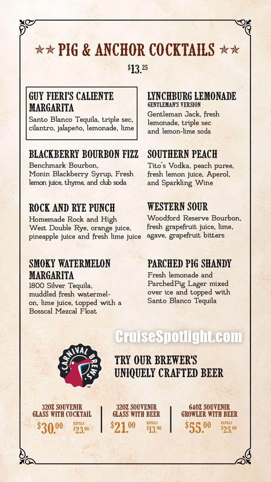 Carnival Panorama Bars (With Menus and Prices) - Cruise Spotlight