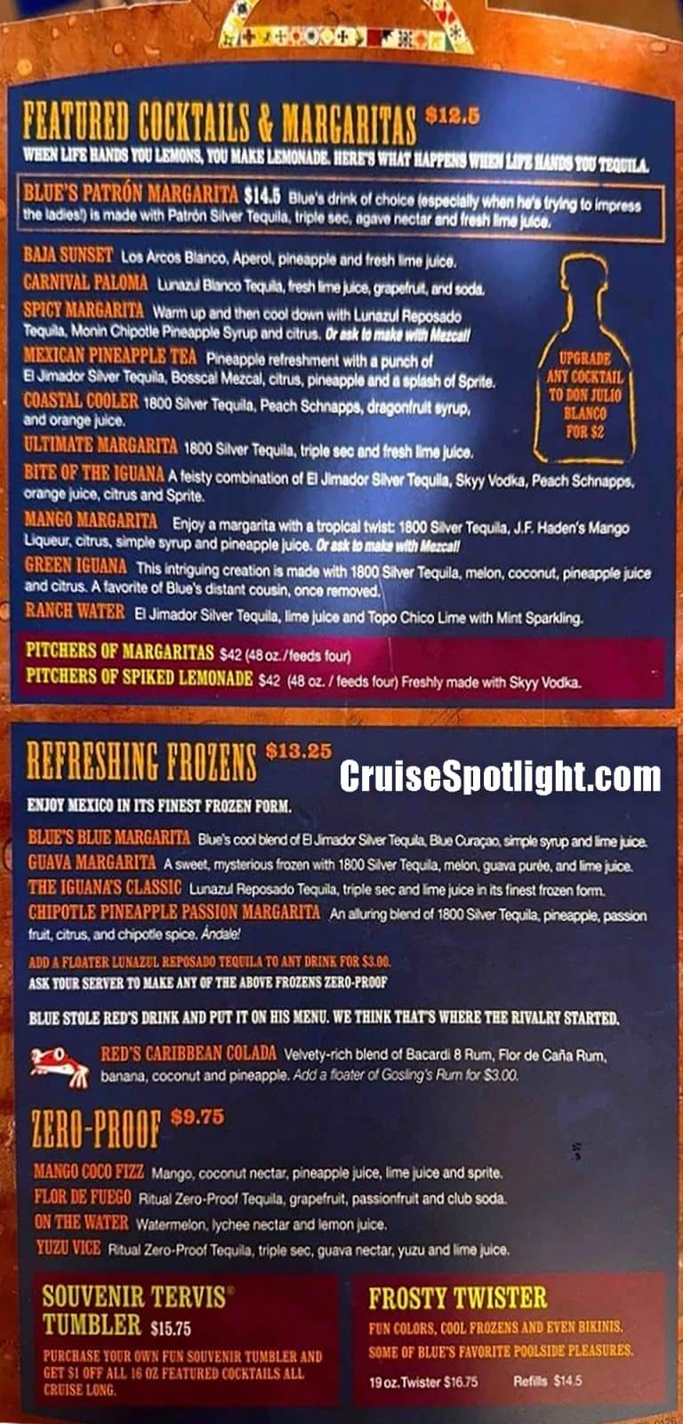 Carnival Valor Bars (With Menus and Prices) - Cruise Spotlight