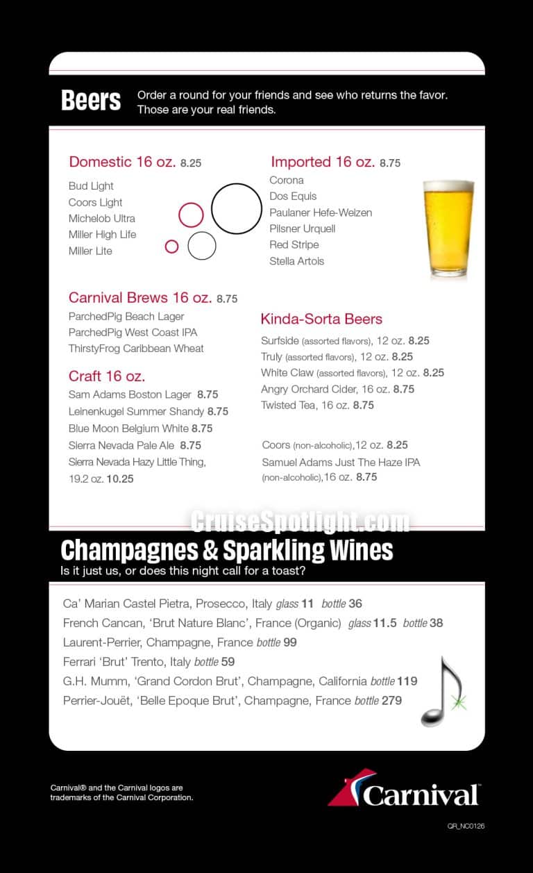 Carnival Spirit Bars (With Menus and Prices) - Cruise Spotlight