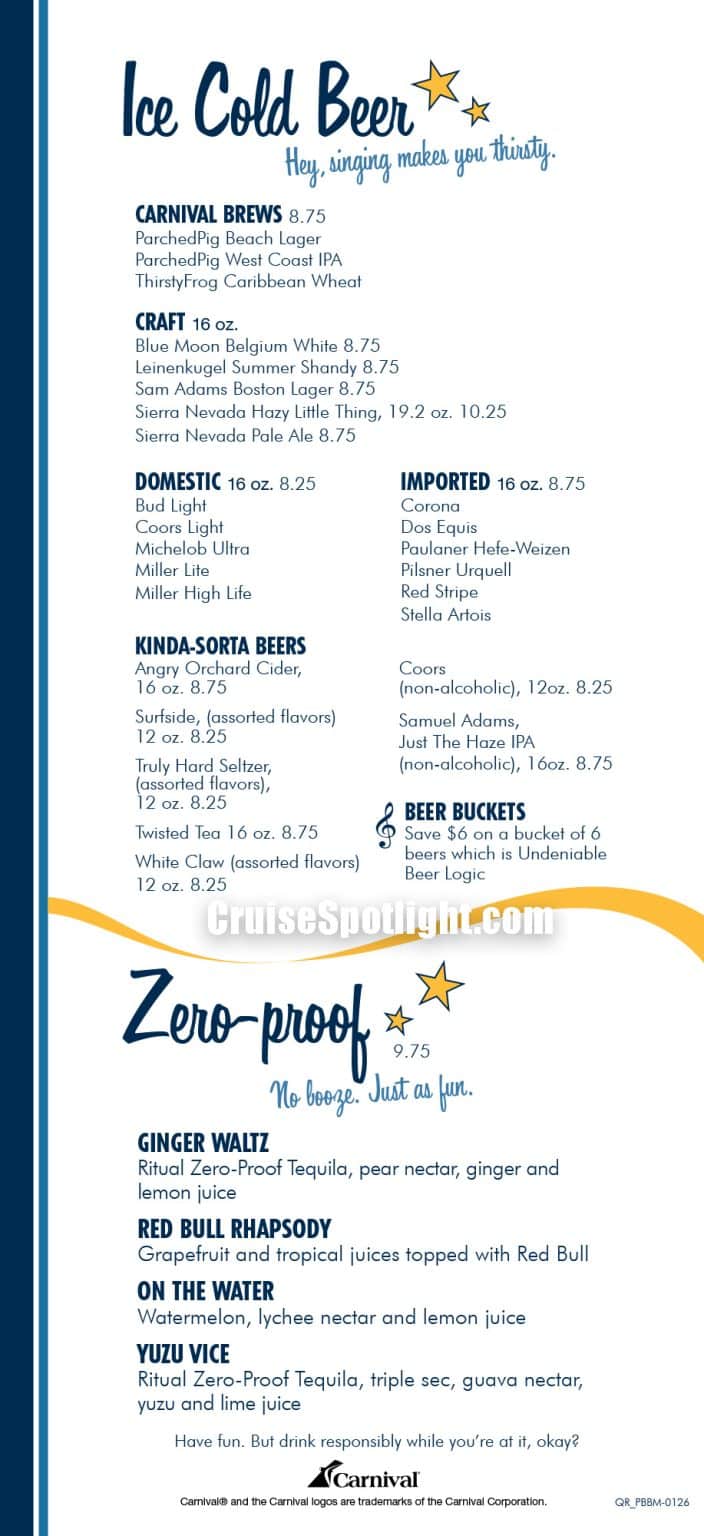 Carnival Spirit Bars (With Menus and Prices) - Cruise Spotlight